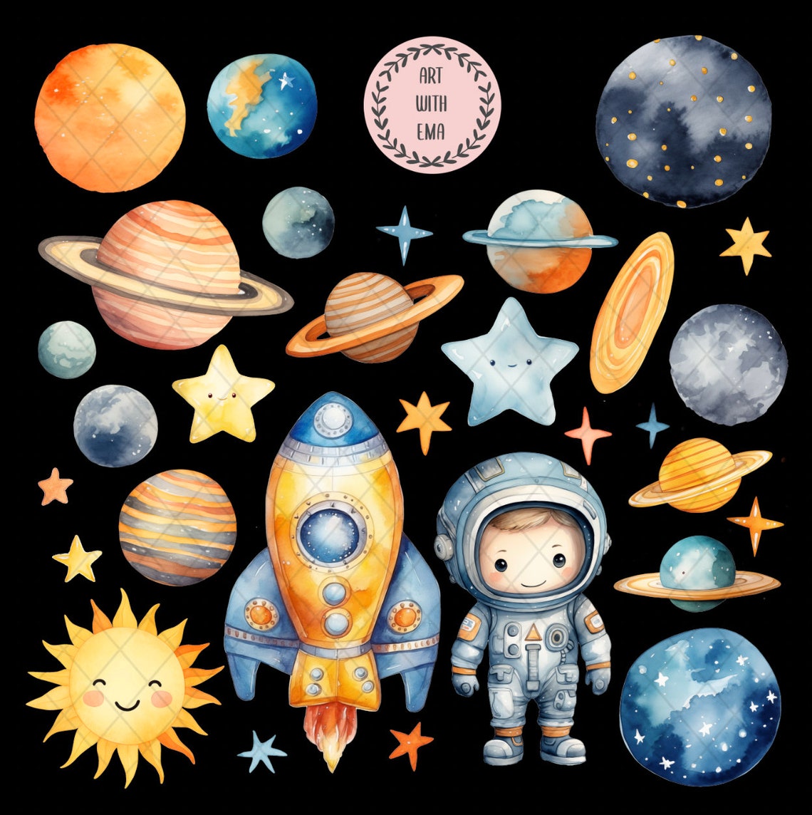 Outer Space Clipart, Watercolor Cute Space Clipart, Space Clipart, Girl ...