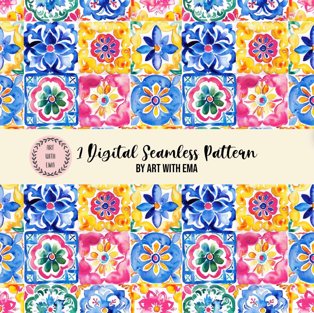 Watercolor Spanish Tile Seamless Pattern, Seamless Watercolor Florals ...