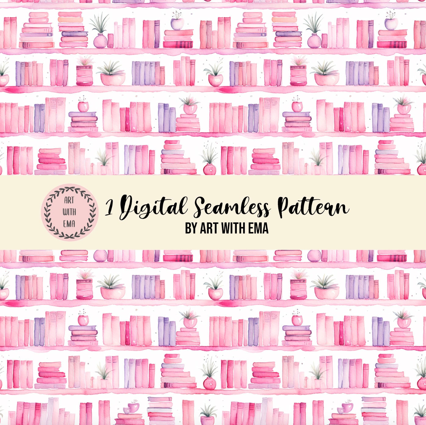 Watercolor Pink Bookshelf Seamless Pattern, Modern Books Pattern ...