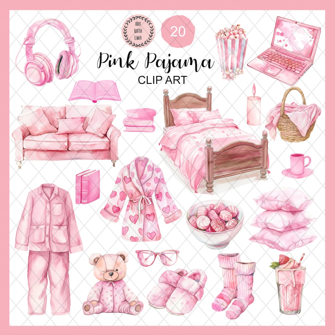 Watercolor Pink Pajama Clipart Bundle, Cute PJ Clip Art PNG Bundle ...