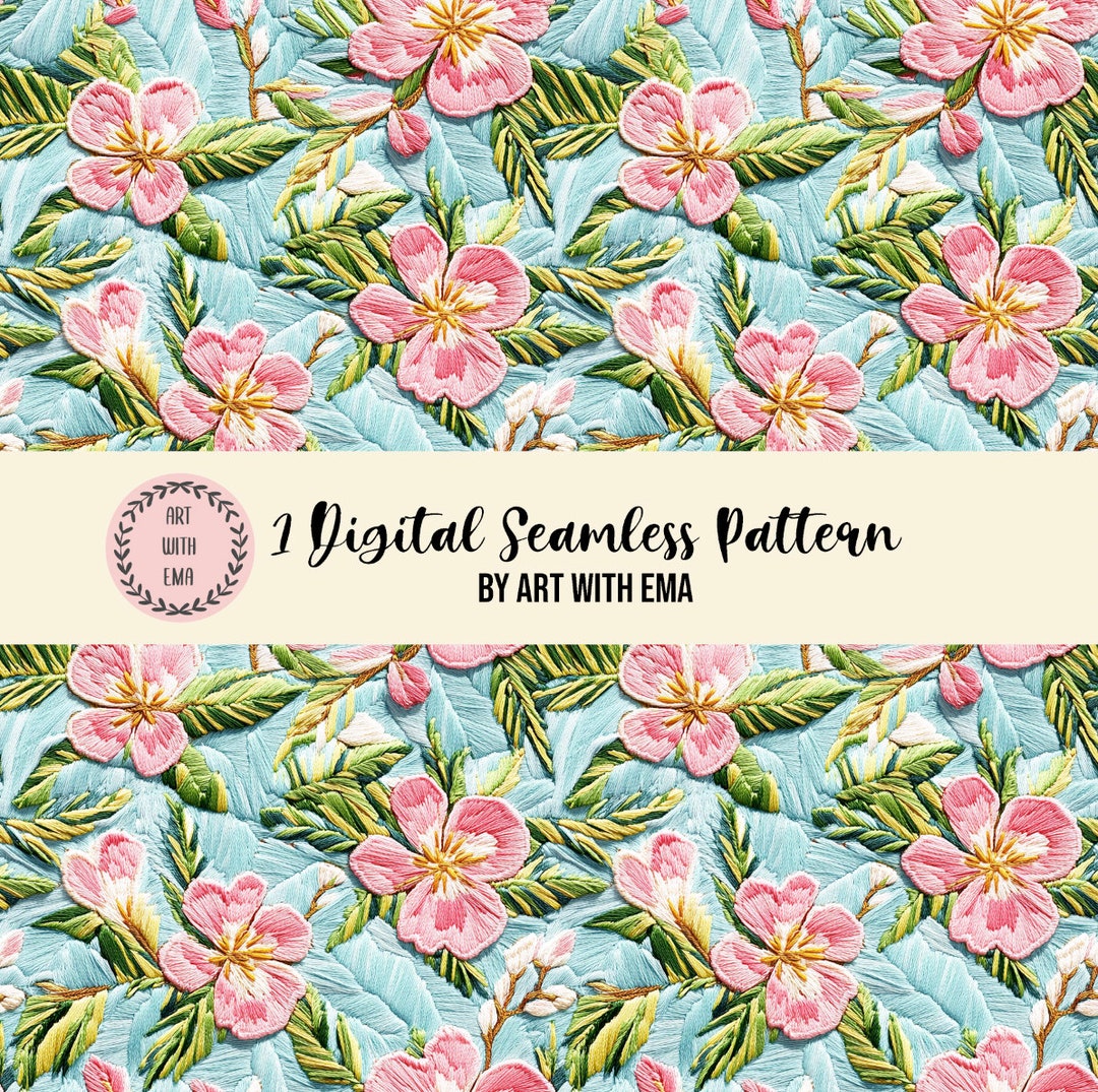 Fake Embroidery Blue Pink Floral Seamless Pattern, Seamless Embroidery ...