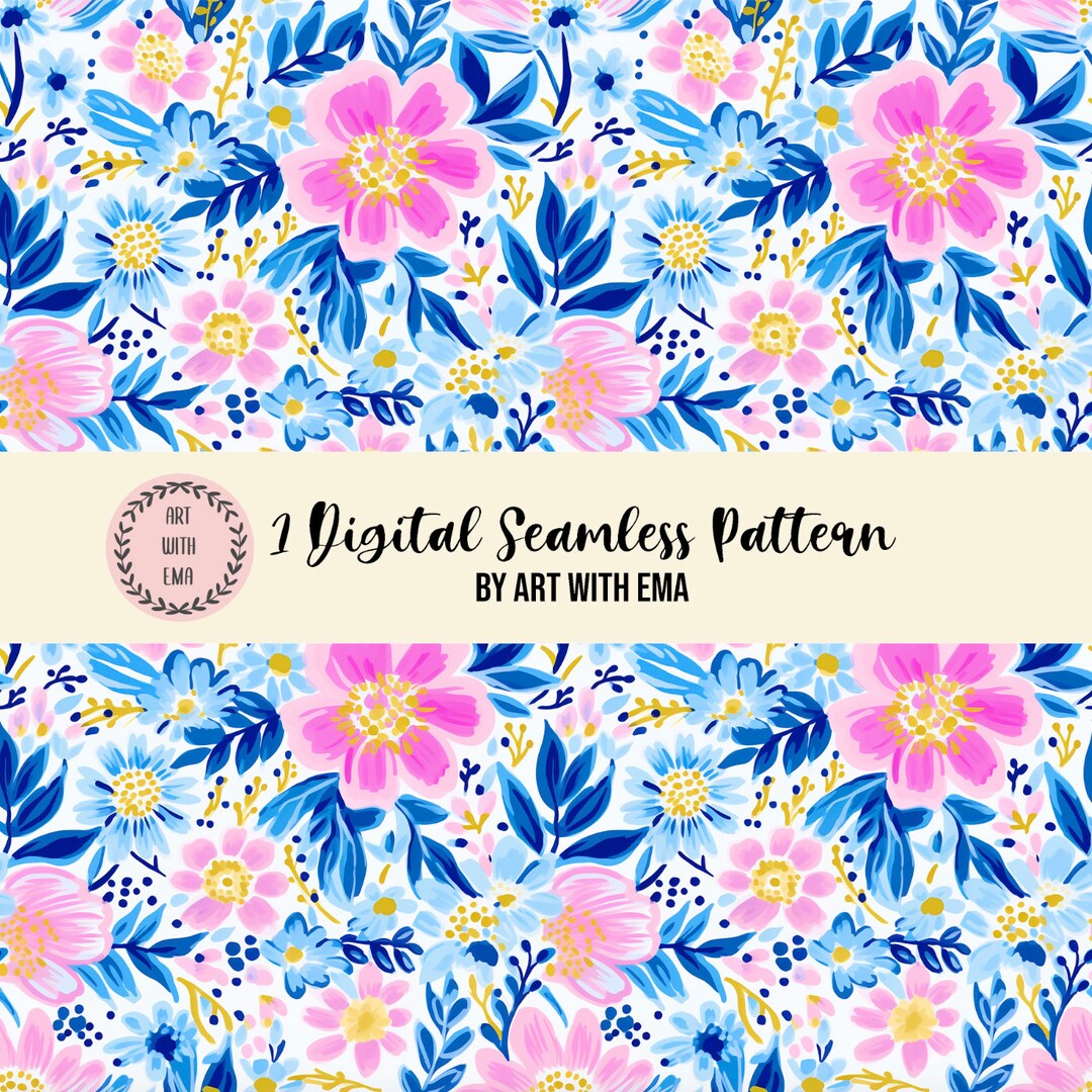 Acrylic Blue Pink Floral Seamless Pattern, Seamless Acrylic Flower ...