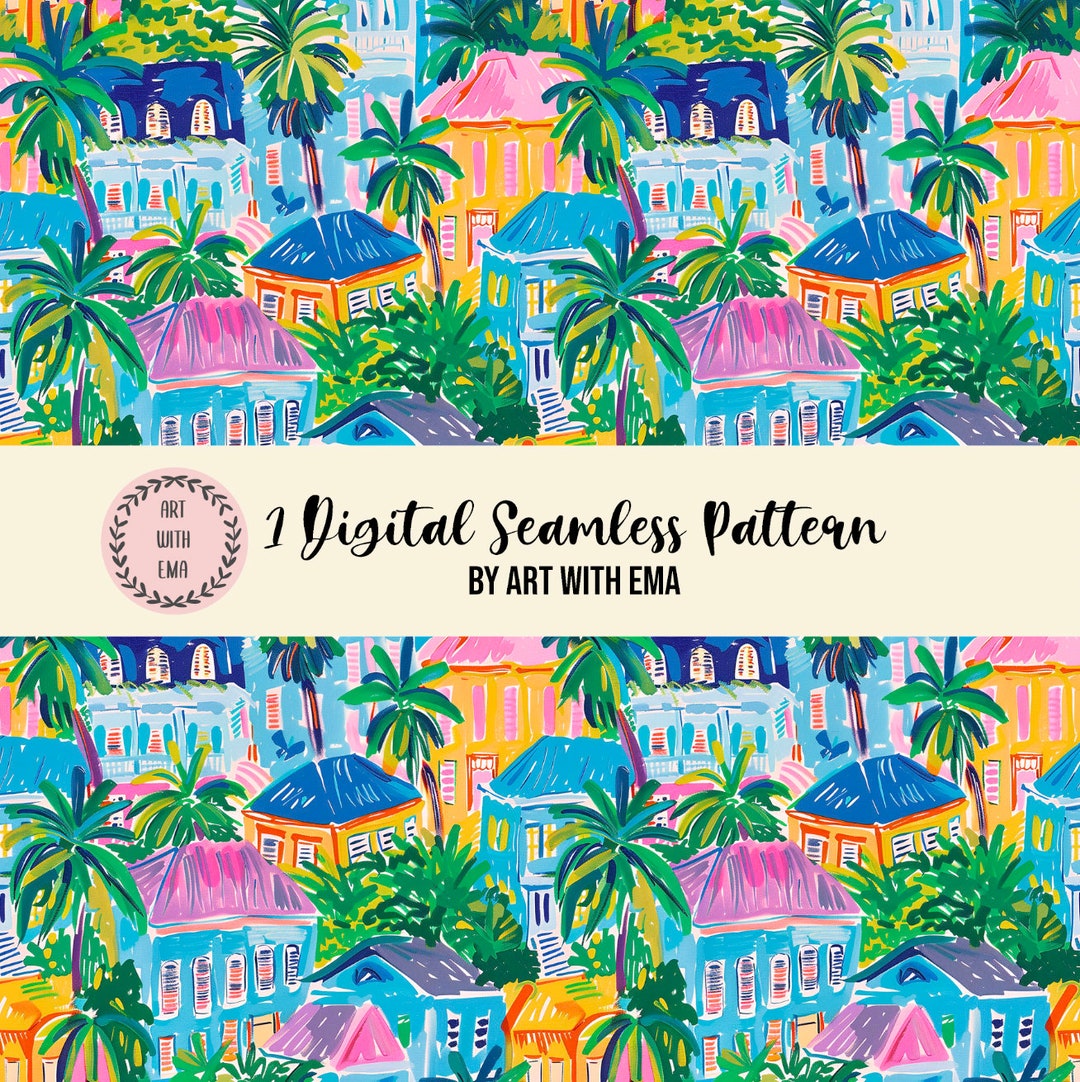 Watercolor Preppy Town Seamless Pattern, Seamless Acrylic Town ...