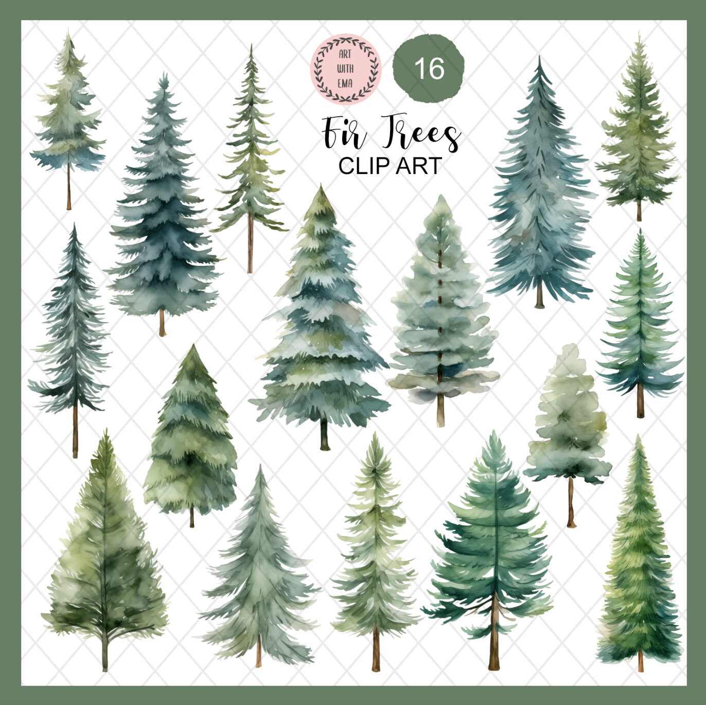 Watercolor Forest Trees Clip Art, Pine Trees PNG, Pine Forest, Woodland ...