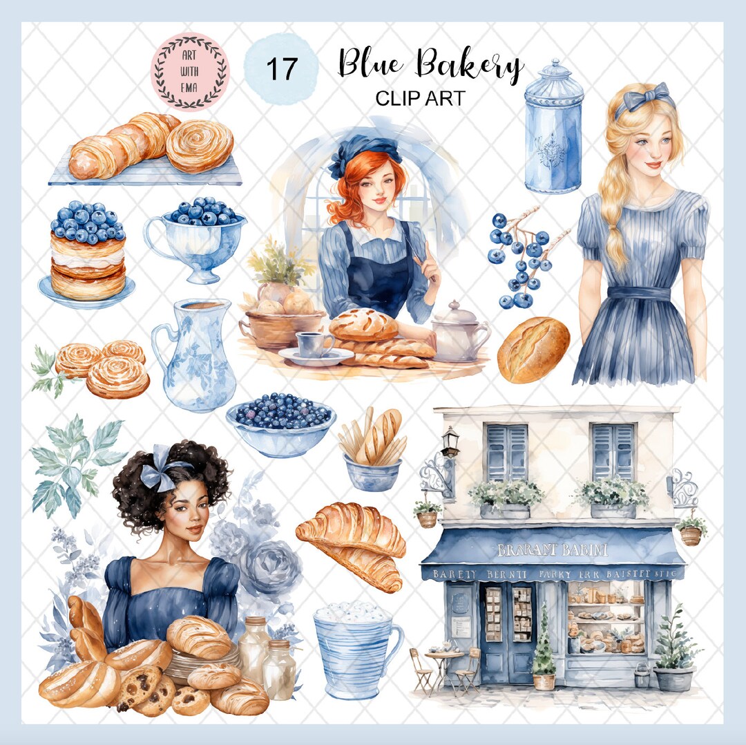 Watercolor Blue Bakery Clipart Bundle, Romantic Bakery PNG, French Blue ...