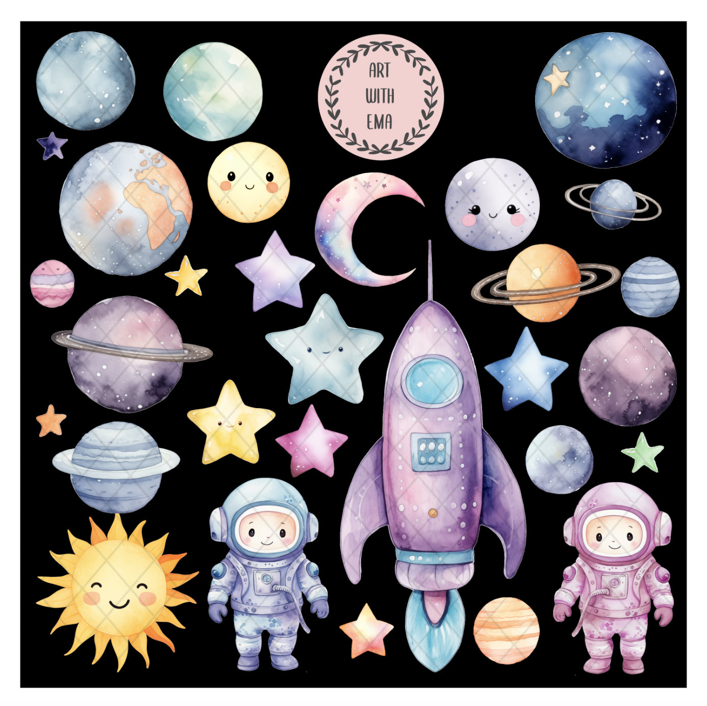Outer Space Clipart, Watercolor Cute Space Clipart, Space Clipart, Girl ...