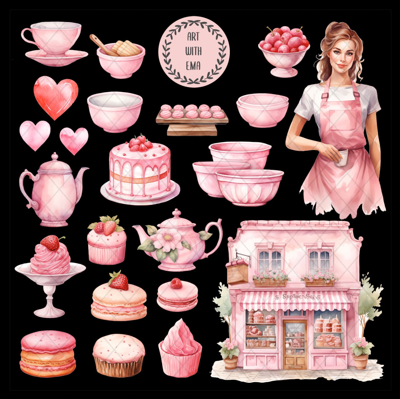 Watercolor Pink Bakery Clipart Bundle, Romantic Bakery PNG, Valentine's ...