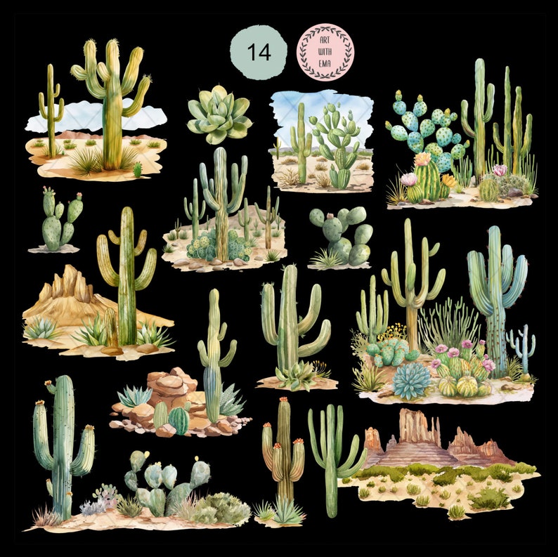 Watercolor Desert Scene Clip Art Bundle, Arizona Desert PNG, California ...