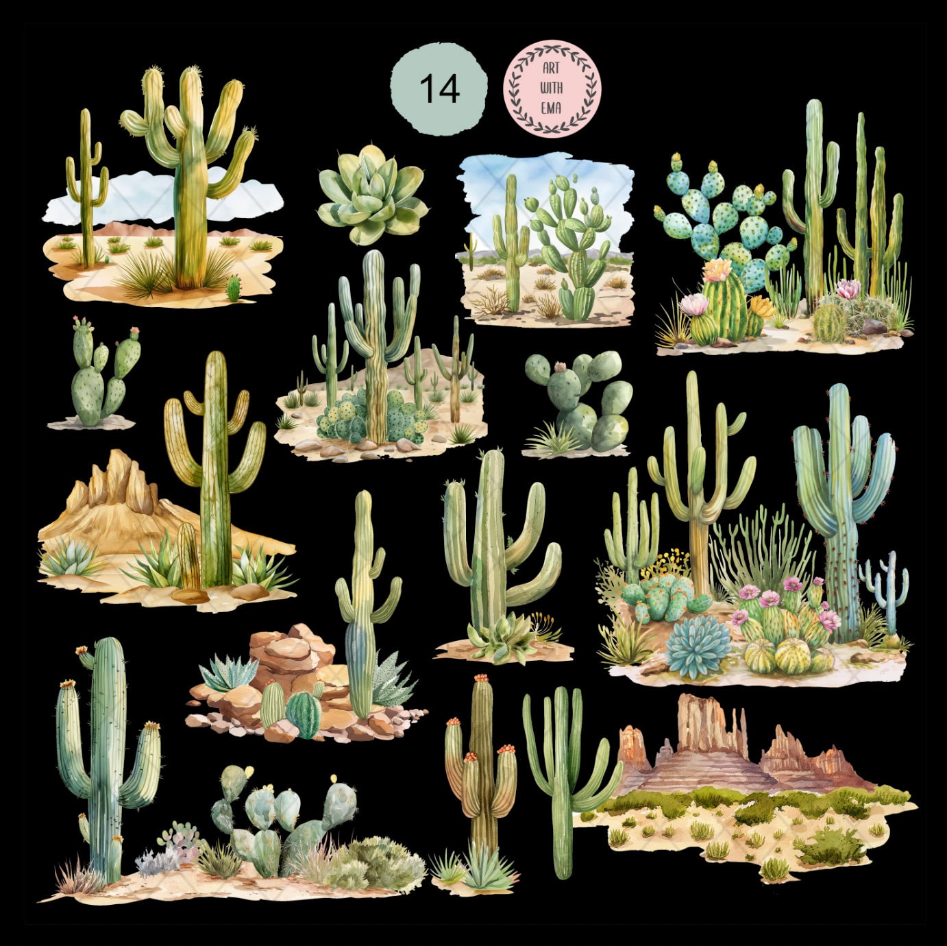 Watercolor Desert Scene Clip Art Bundle, Arizona Desert PNG, California ...