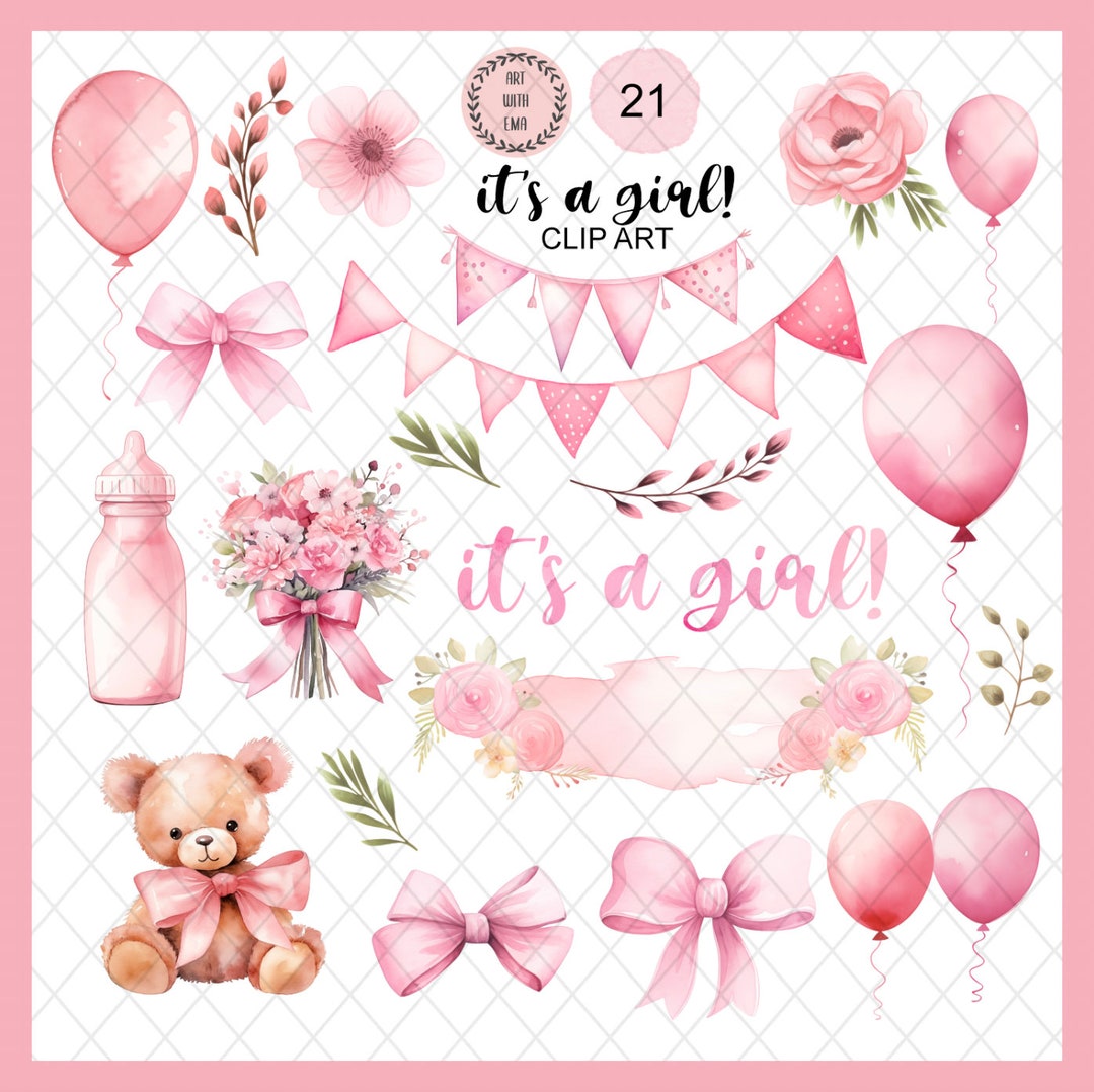 Watercolor Pink Baby Girl Clip Art Bundle, Baby Gender Announcement PNG ...