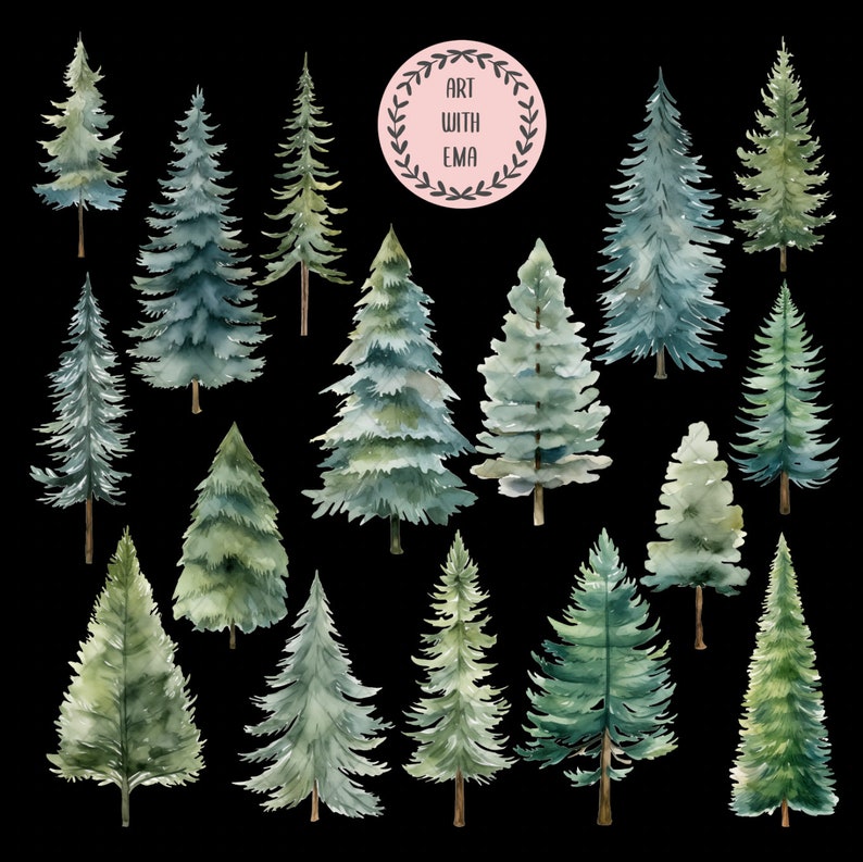 Watercolor Forest Trees Clip Art, Pine Trees PNG, Pine Forest, Woodland ...