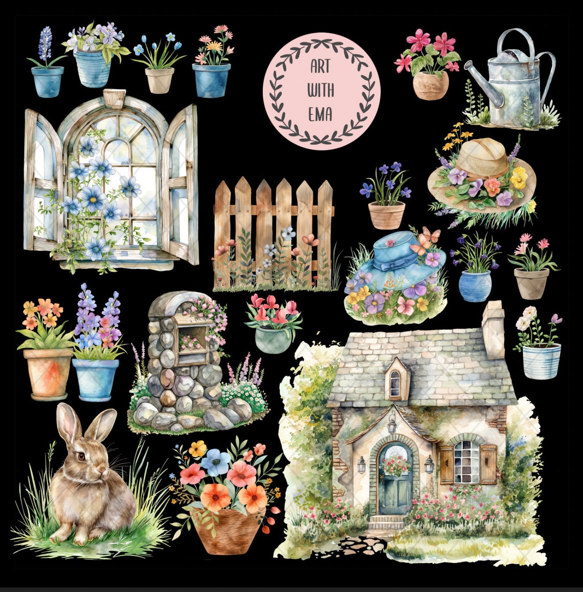 Watercolor Spring Garden Clip Art Bundle, Cottage PNG, Cottagecore PNG ...