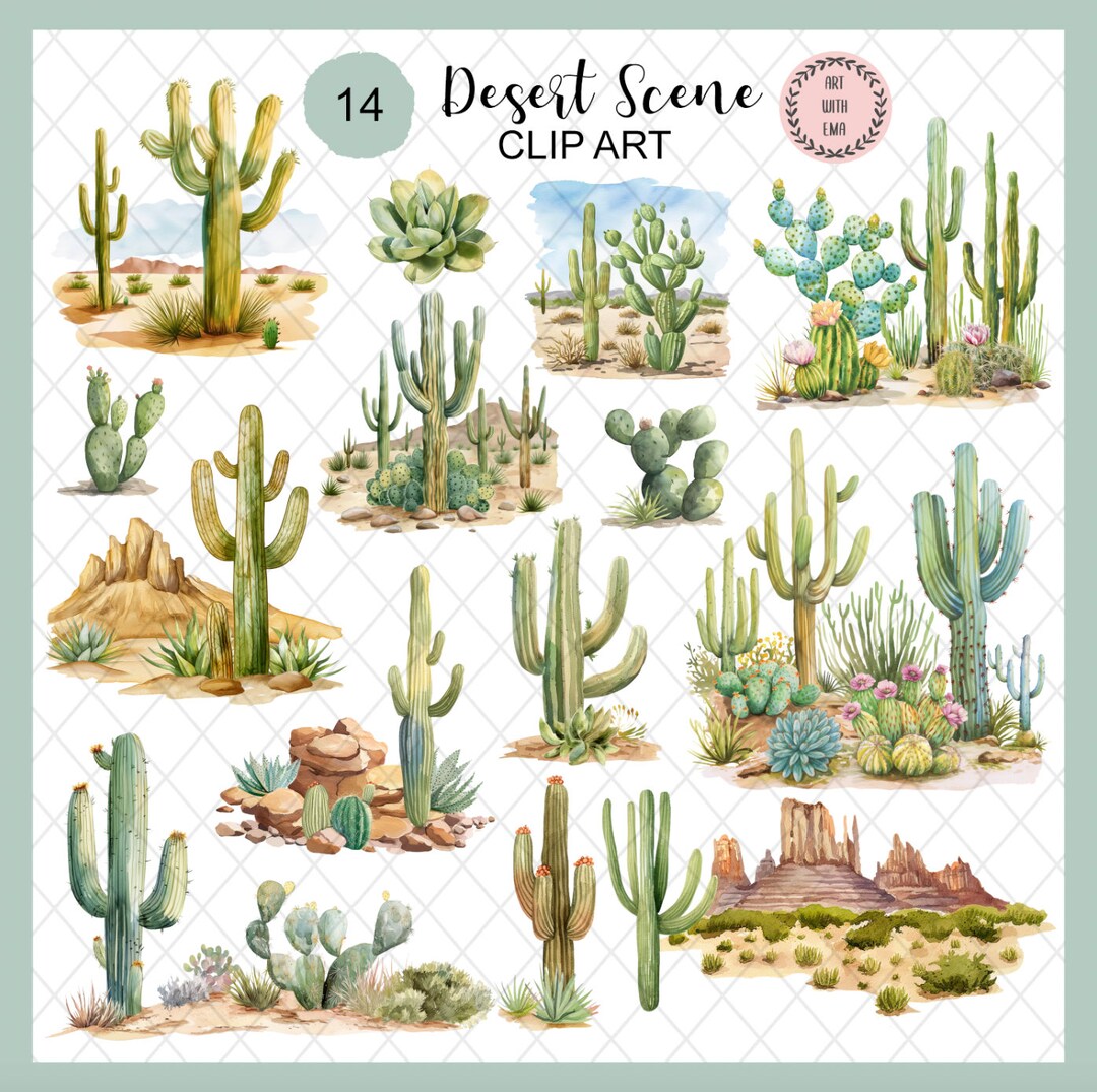 Watercolor Desert Scene Clip Art Bundle, Arizona Desert PNG, California ...