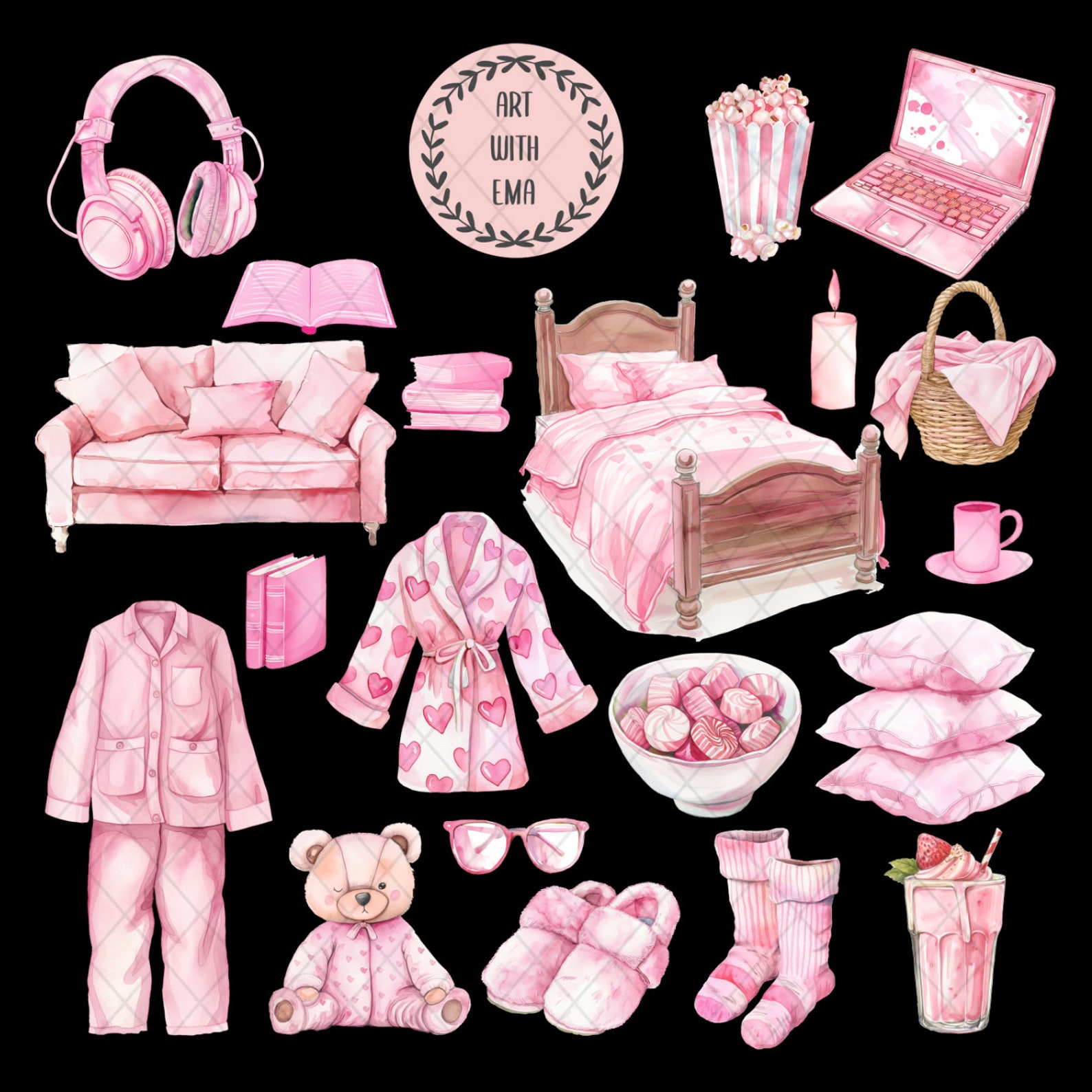 Watercolor Pink Pajama Clipart Bundle, Cute PJ Clip Art PNG Bundle ...