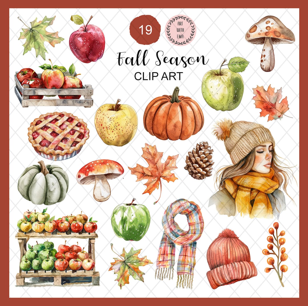 Watercolor Fall Season Clip Art Bundle, Fall Apples PNG, Fall Leaves ...