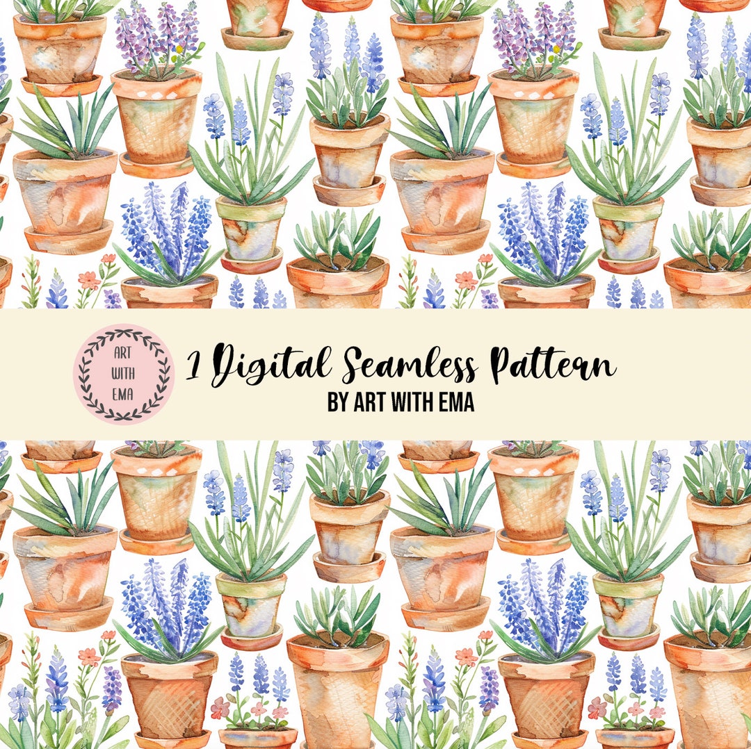 Watercolor Lavender Seamless Pattern, Garden Pots Pattern, Lavender ...