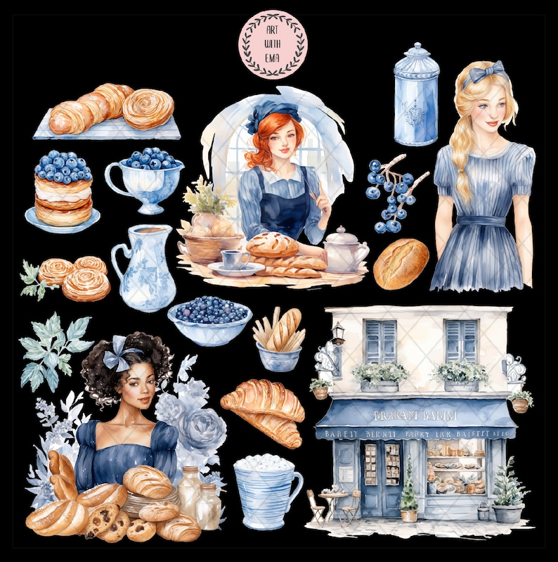 Watercolor Blue Bakery Clipart Bundle, Romantic Bakery PNG, French Blue ...