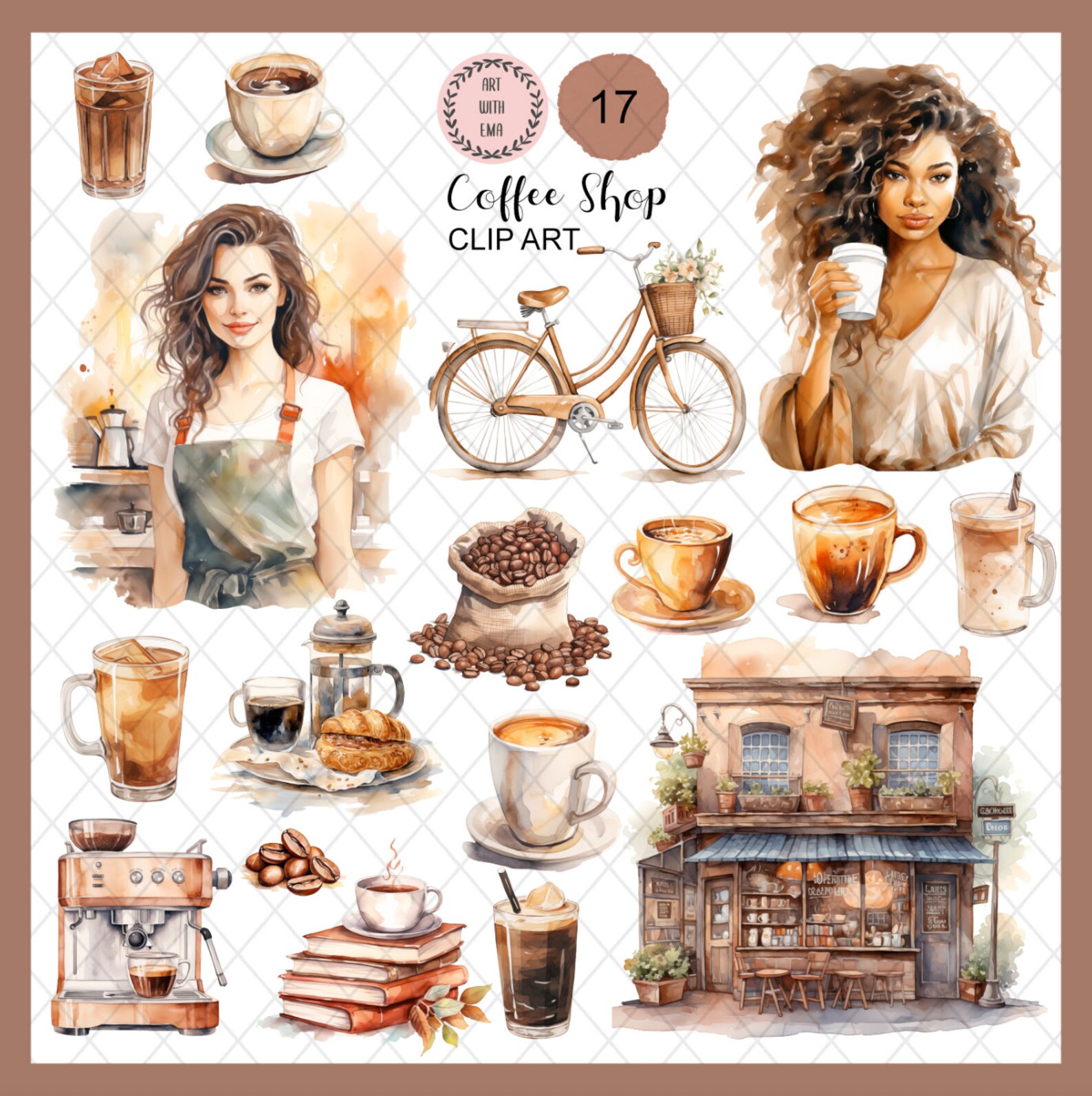 Watercolor Coffee Shop Clipart, Coffee Drinks Clipart, Cafe PNG, Coffee ...