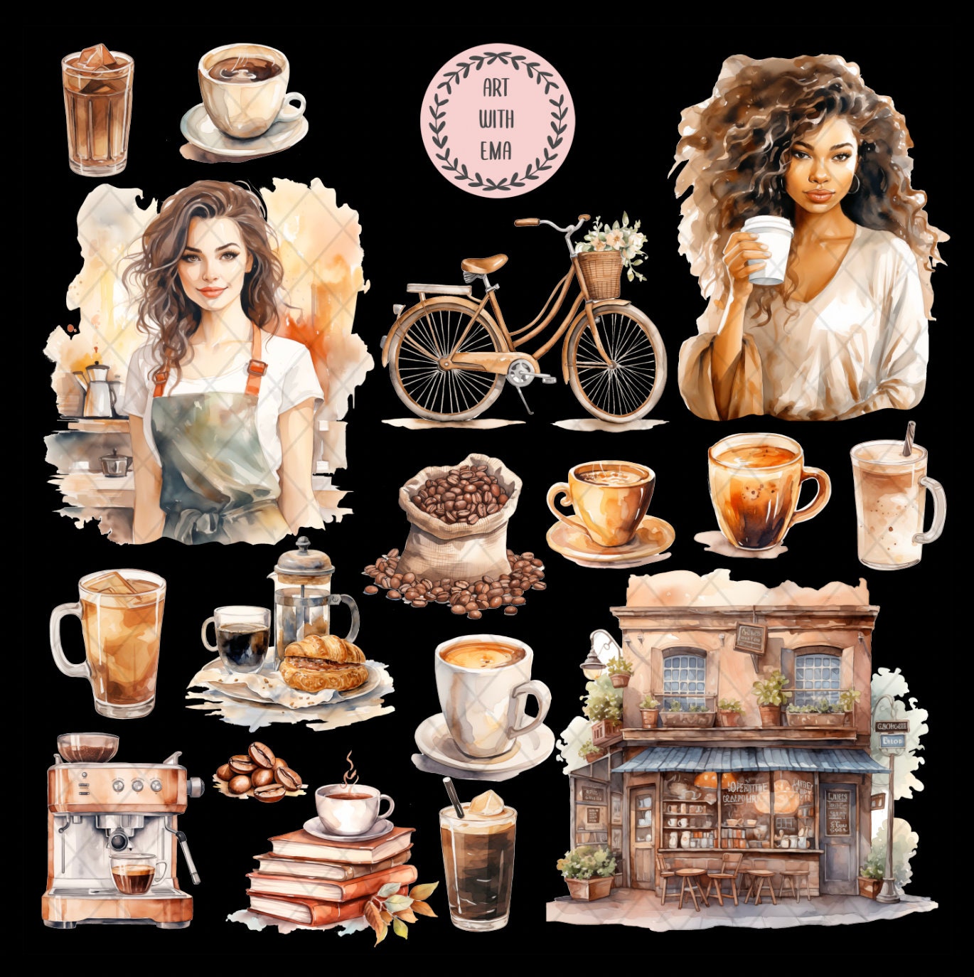 Watercolor Coffee Shop Clipart, Coffee Drinks Clipart, Cafe PNG, Coffee ...