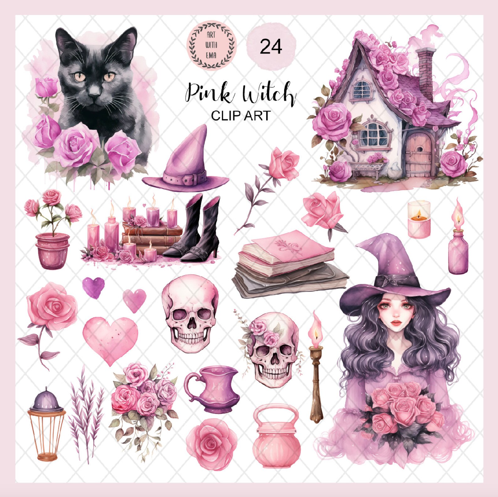 Watercolor Love Witch Clipart Bundle, Romantic Magic Witch Clip Art PNG ...