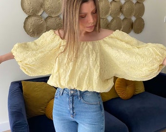 Cotton Open Back Lemon Yellow Top Twisted Collar Blouse off Shoulder ...