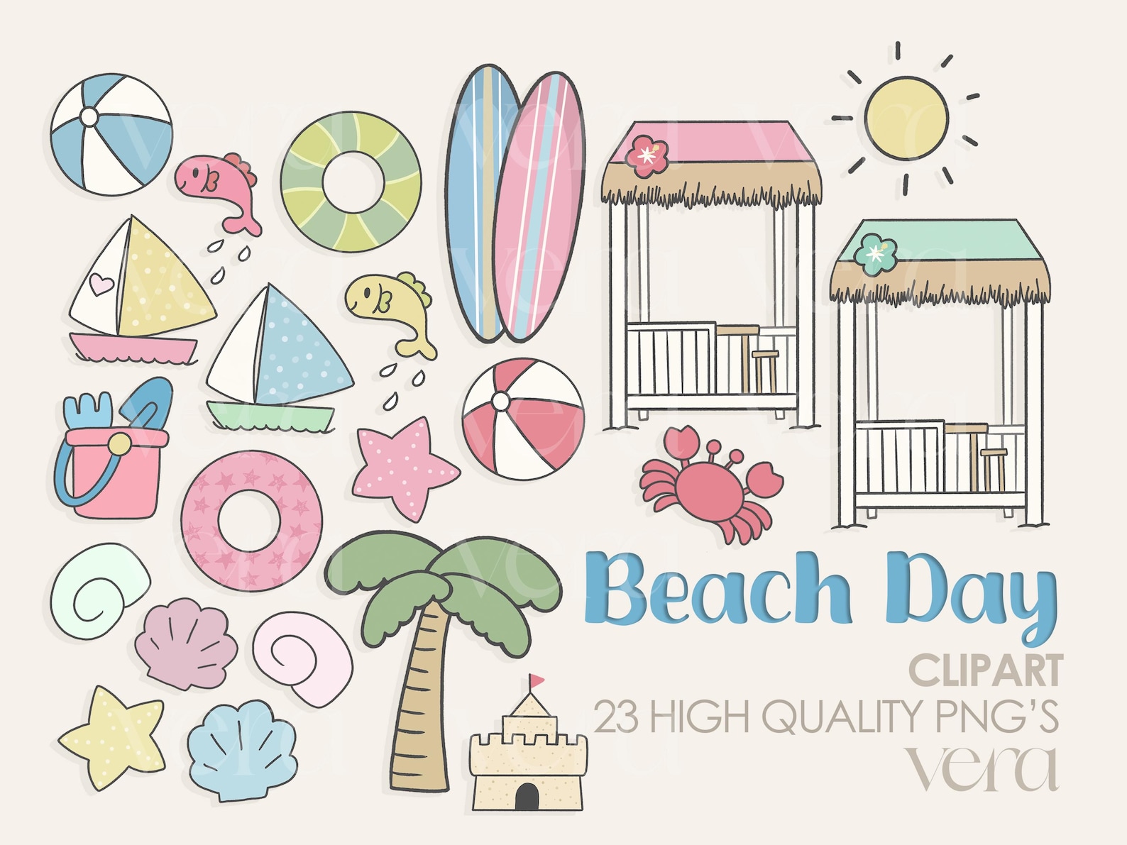 Beach Day Clipart Set – 23 PNG Images – Soft Muted Colors – Instant ...