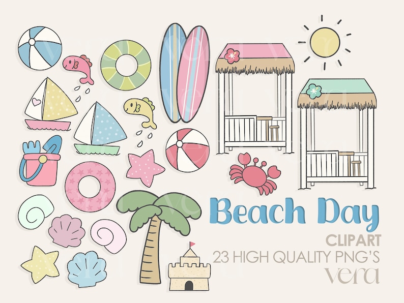 Beach Day Clipart Set – 23 PNG Images – Soft Muted Colors – Instant ...