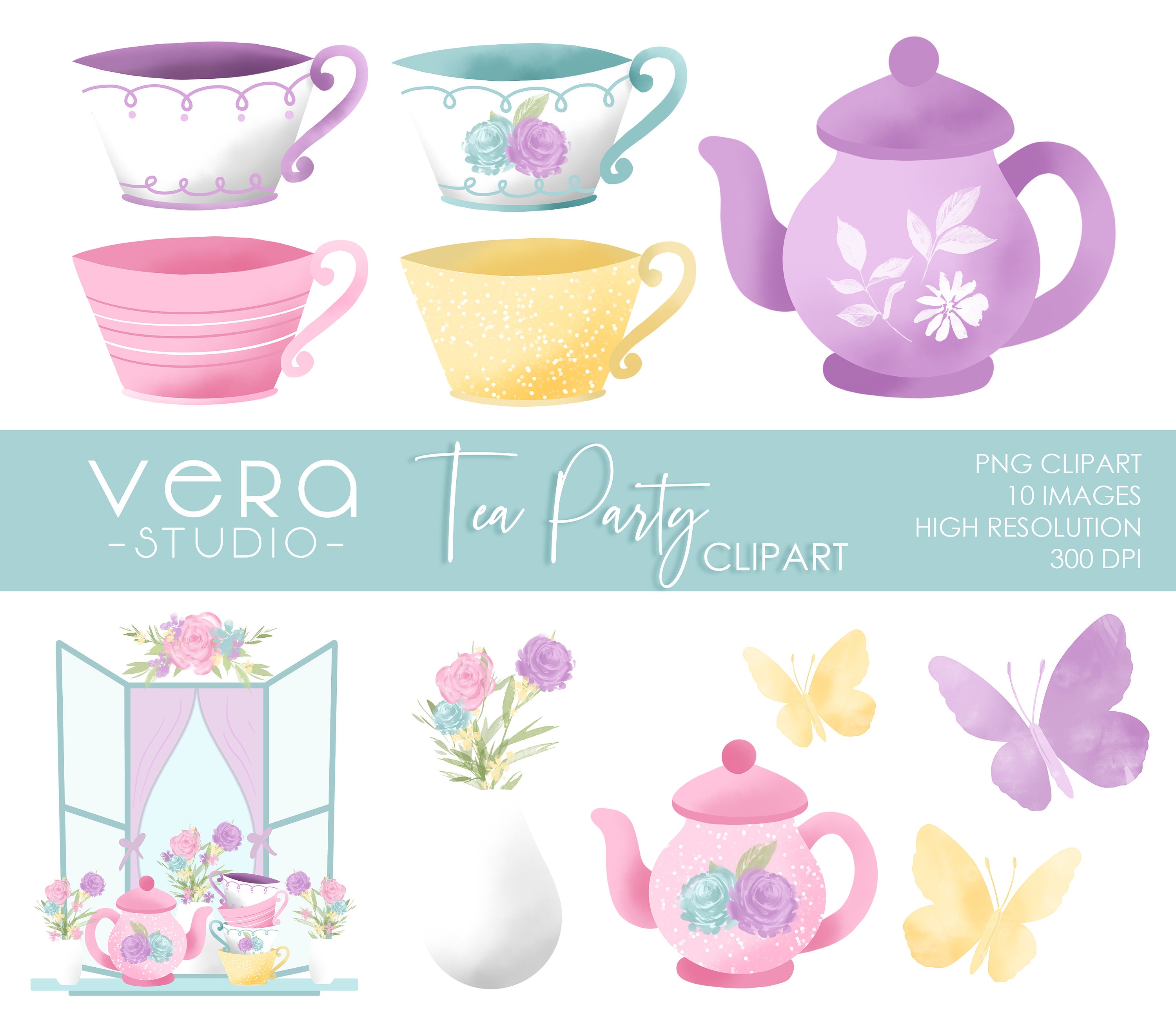 Pastel Tea Party Clipart Set - 10 PNG IMAGES - Instant Download - Etsy