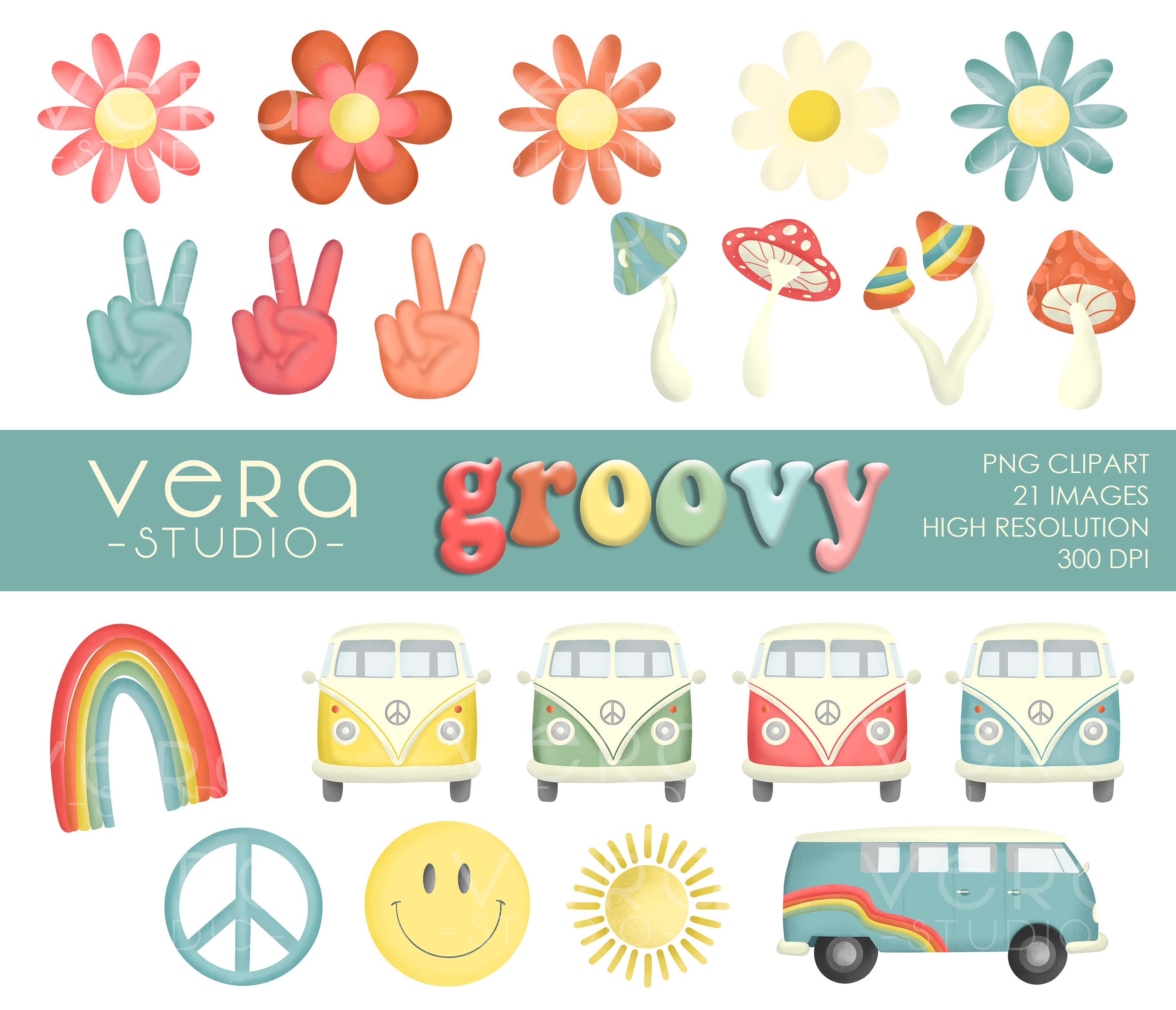 Groovy Retro Clipart Set 21 PNG Images Instant Download - Etsy