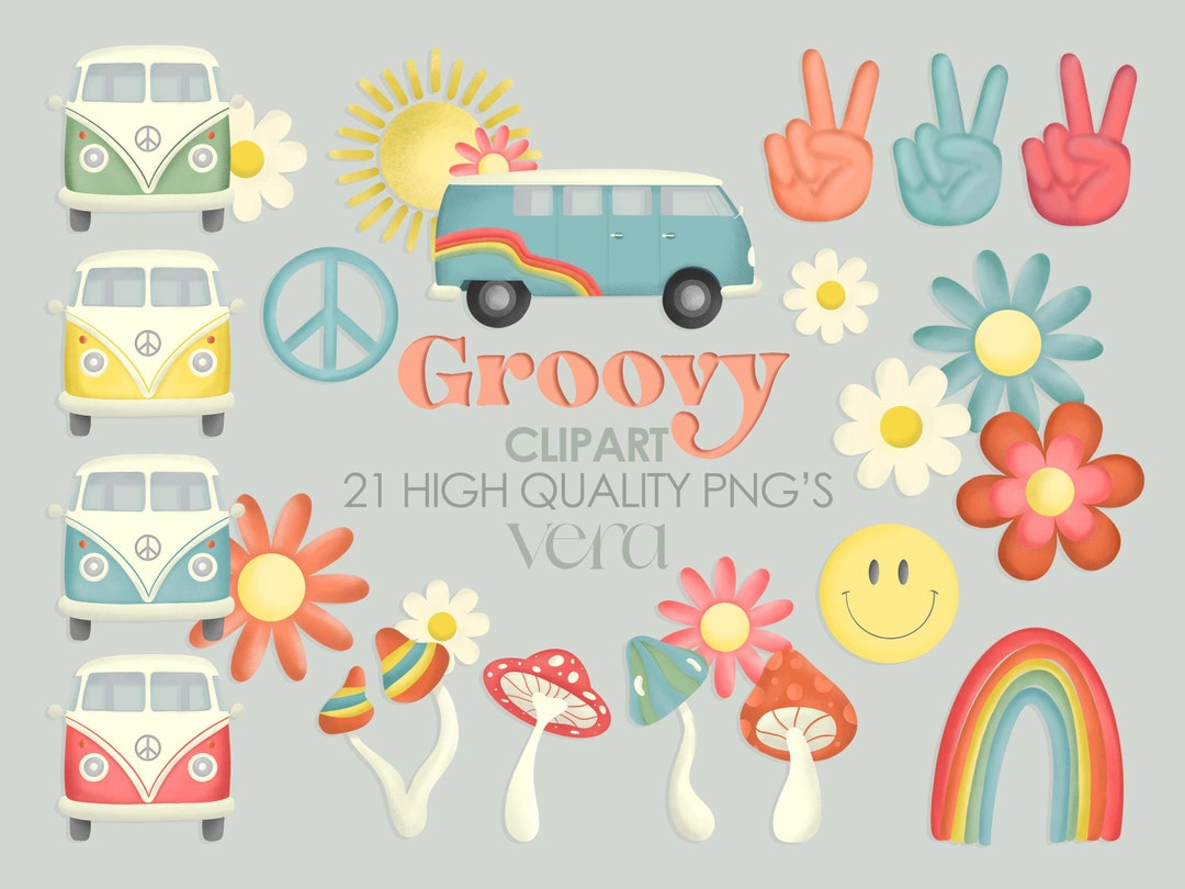 Groovy Retro Clipart Set - 21 PNG Images - Instant Download - Etsy