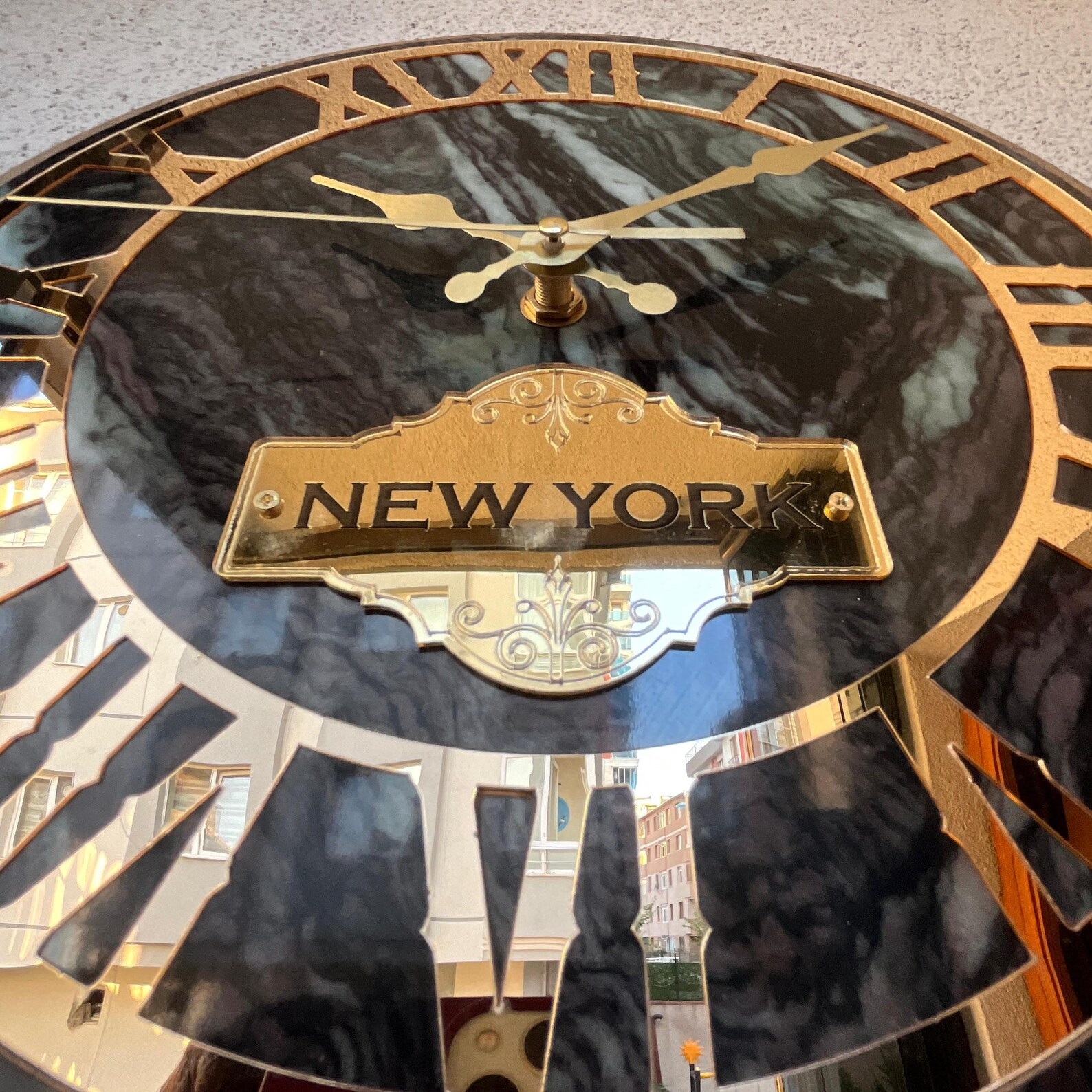Personalized Marble Effect Wall Clock: Gold Roman Numerals, Custom City ...