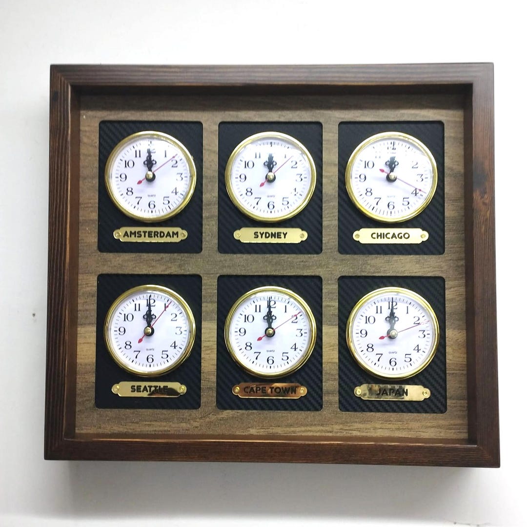 6 Time Zone Wooden Wall Clock: Customizable Multi-city Display - Etsy