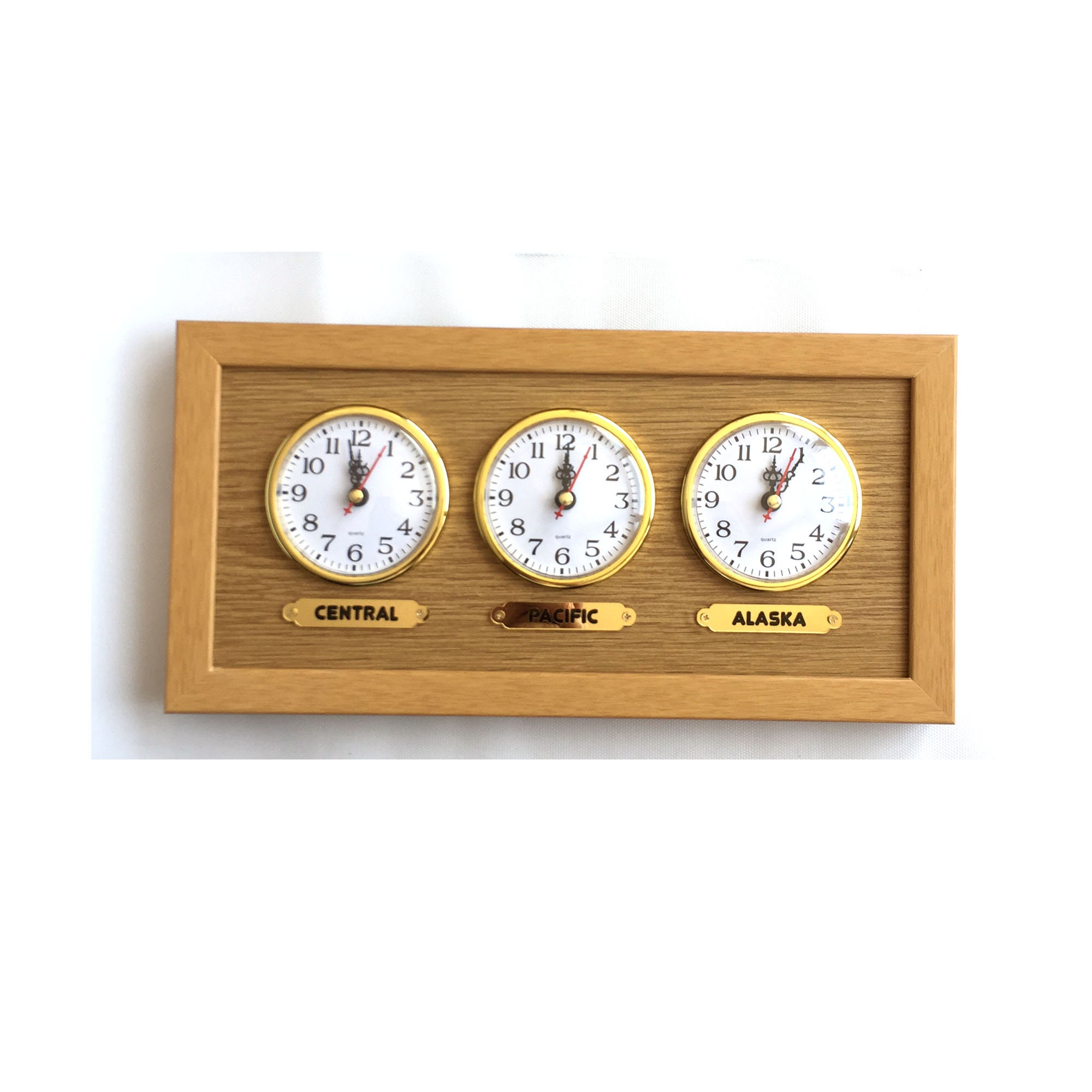 Wooden Look Personalized Clock With 3 Labels. Custom Time Zone. 3 Clock ...