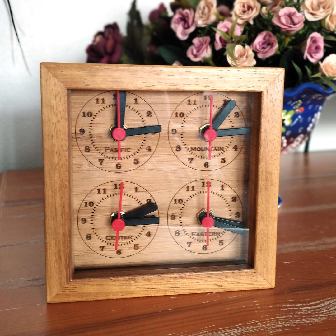 Wooden 4 Zone Table Clock. Customizable City or Region Names. Multi ...
