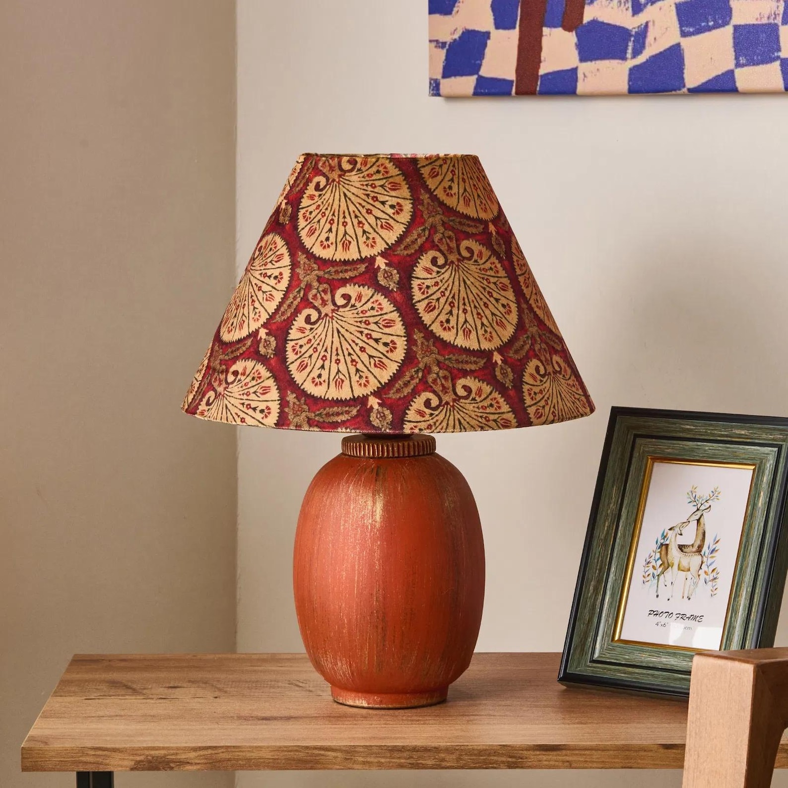 Boho Terracotta Table Lamp Rustic Red Ceramic Base With Patterned