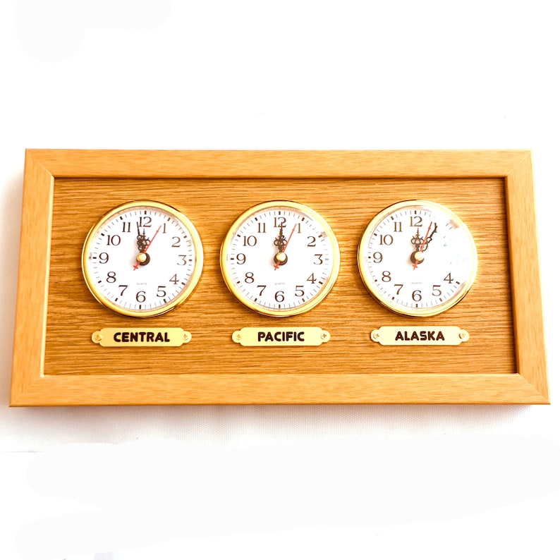 Wooden Look Personalized Clock With 3 Labels. Custom Time Zone. 3 Clock ...