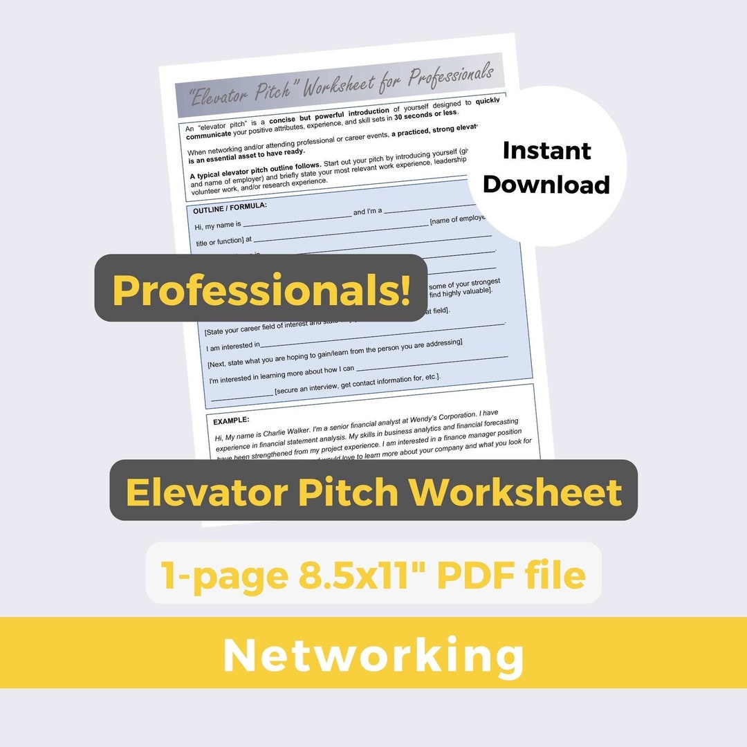 Elevator Pitch Worksheet for Professionals | Instant Download PDF ...
