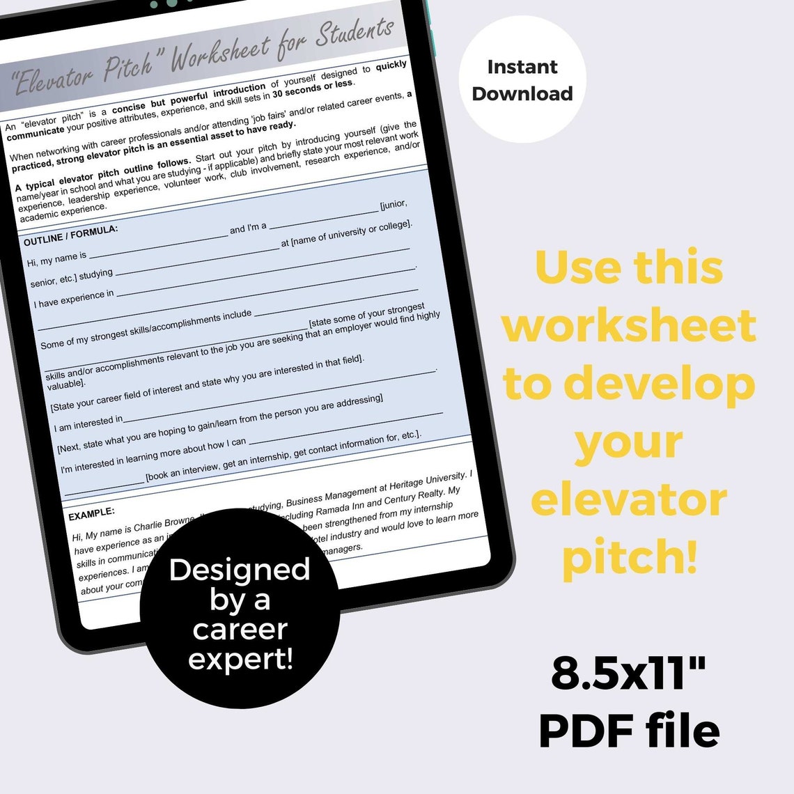 Elevator Pitch Worksheet for Students, New Grads (PDF Download) - Etsy