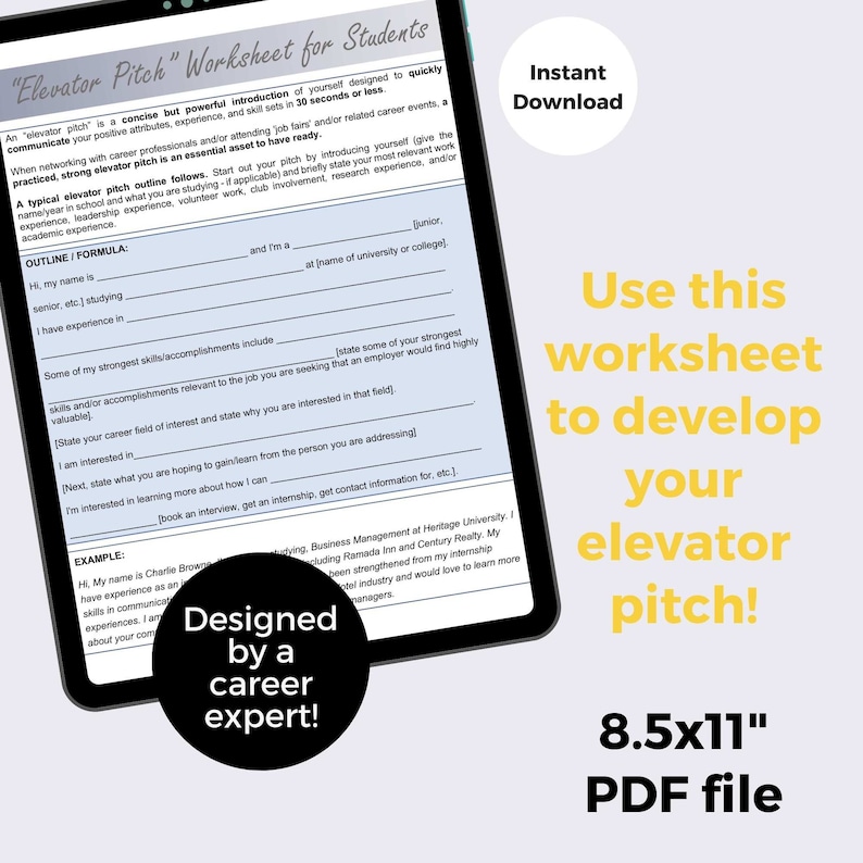 Elevator Pitch Worksheet for Students, New Grads | Instant Download PDF ...