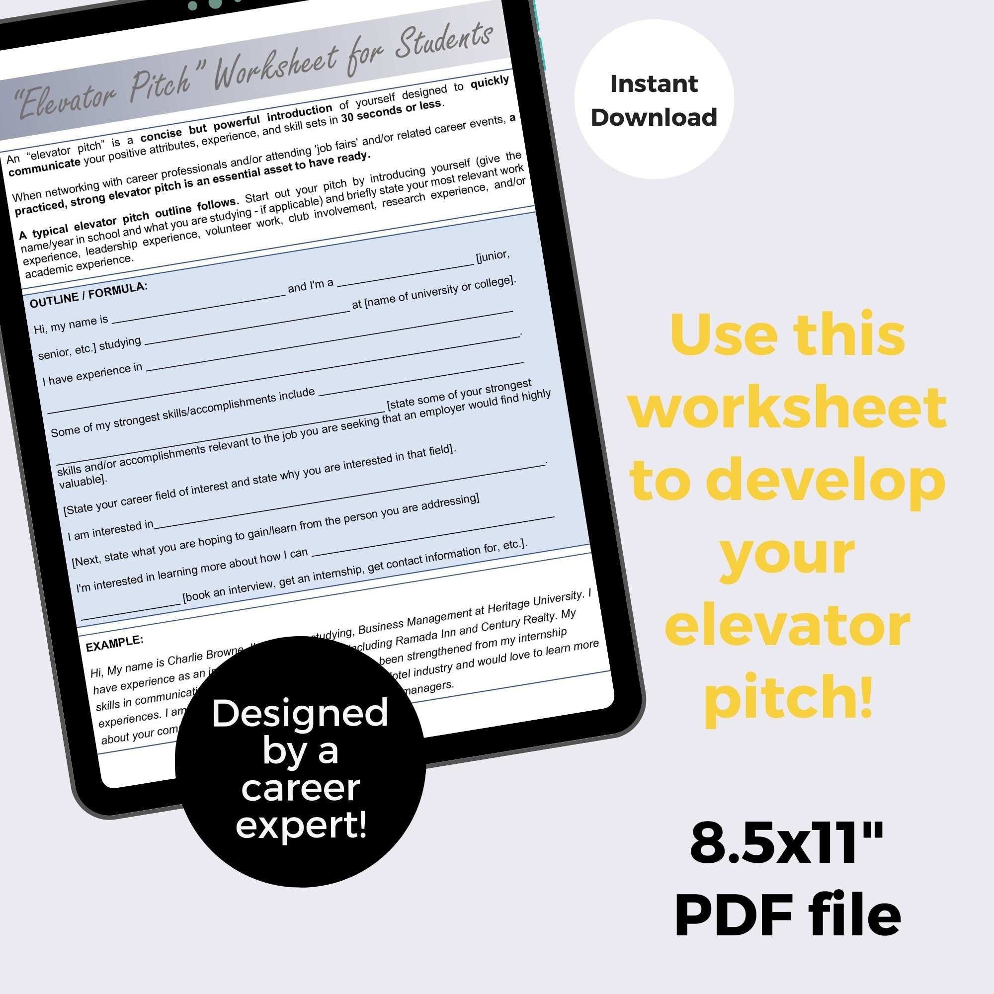 Elevator Pitch Worksheet for Students, New Grads (PDF Download) - Etsy