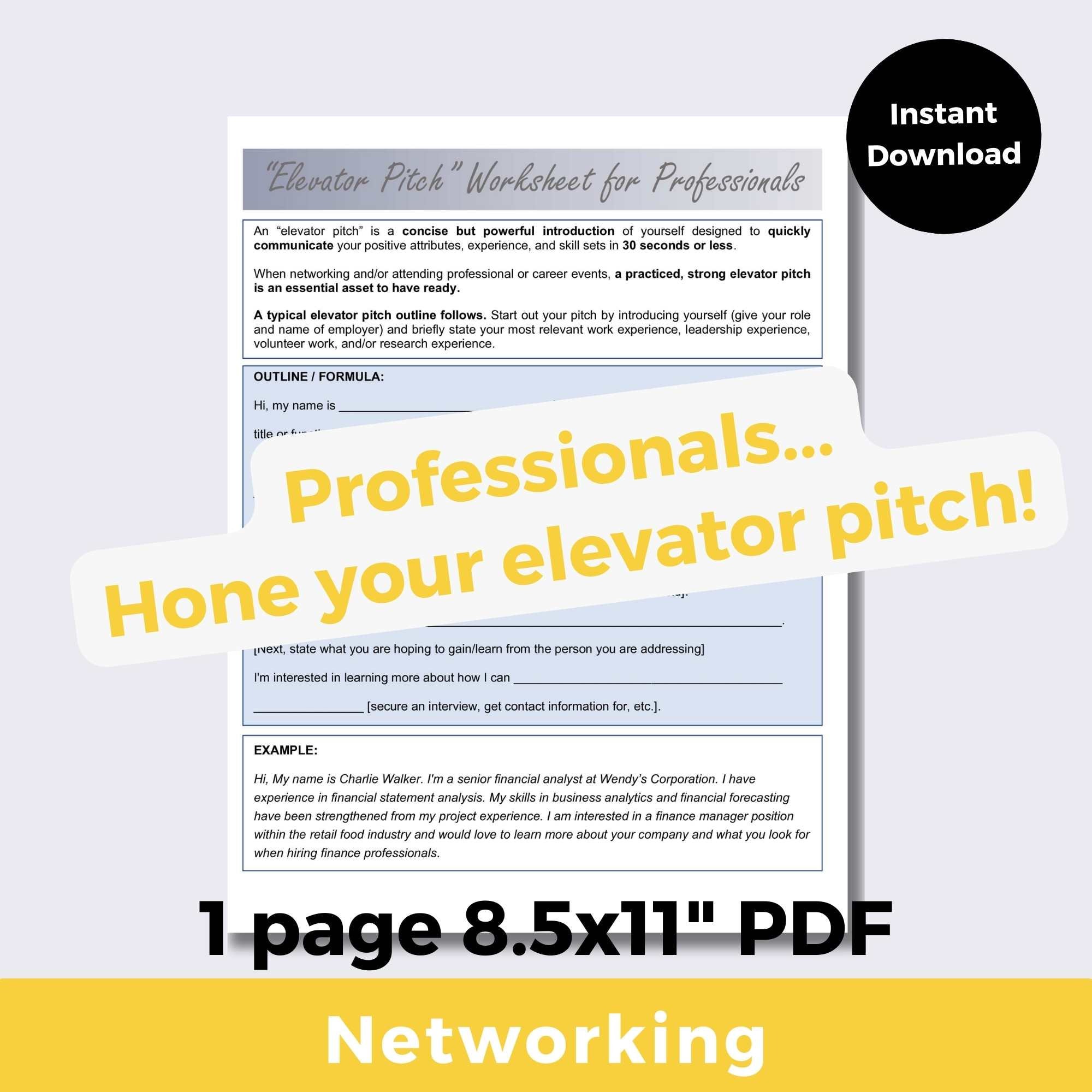 Elevator Pitch Worksheet for Professionals Instant Download - Etsy