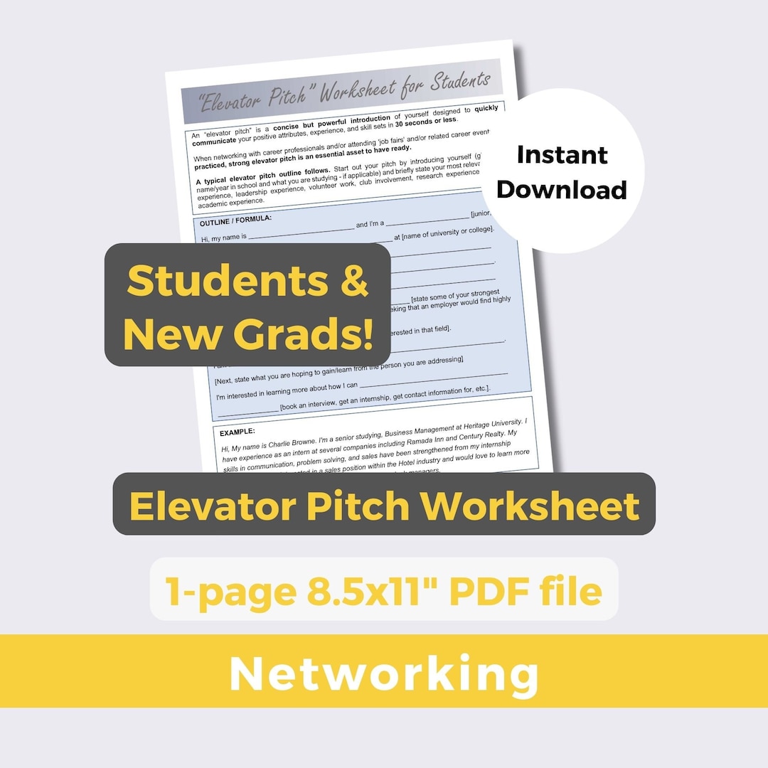 Elevator Pitch Worksheet for Students, New Grads | Instant Download PDF ...