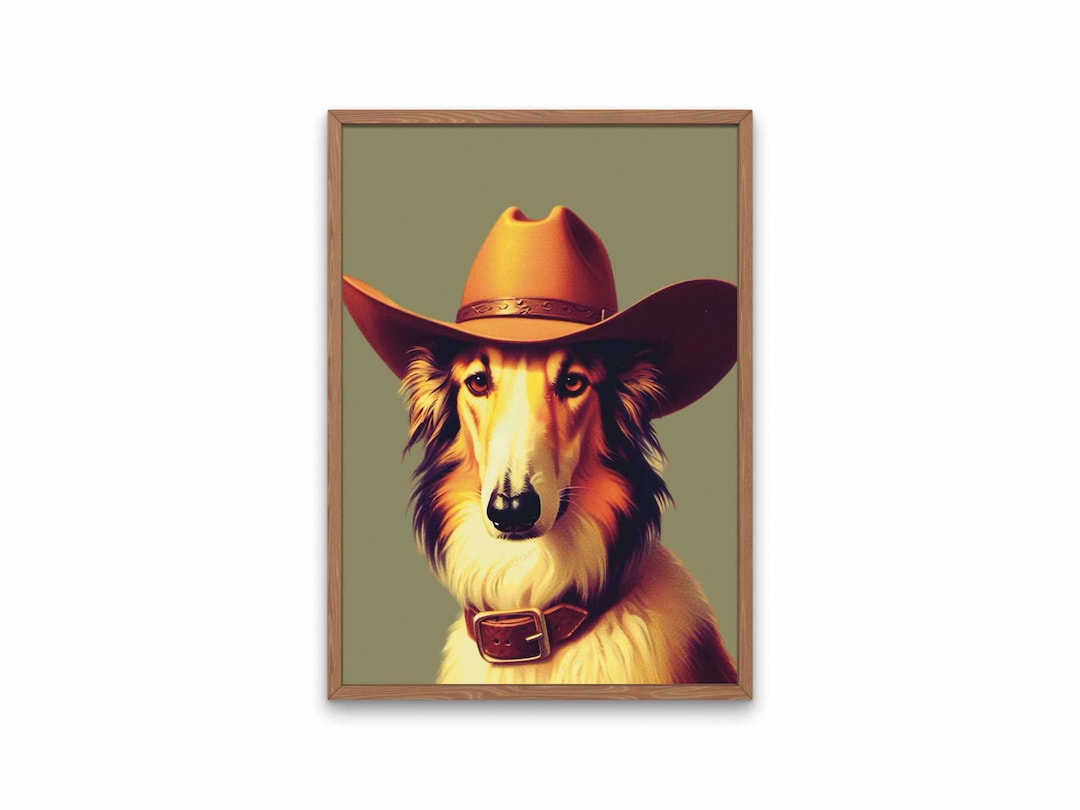 Borzoi Cowdog Art Print, Cowboy Dog Wall Art, Dog in Cowboy Hat Print ...