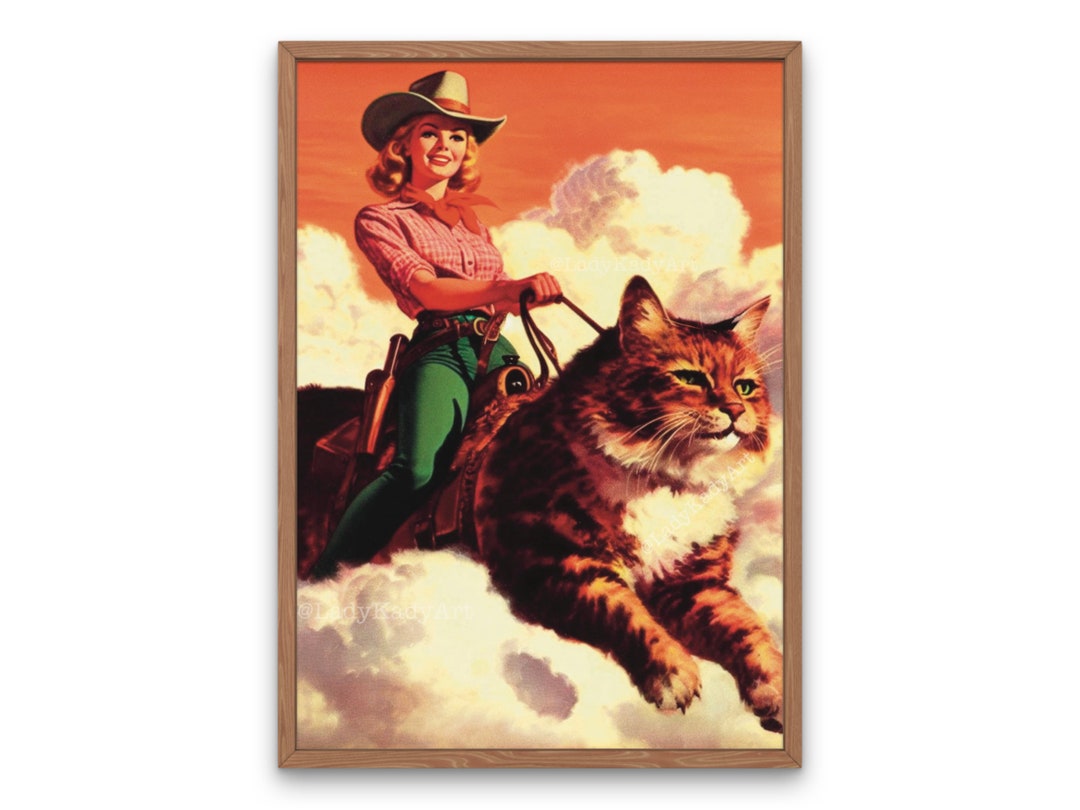 Retro Cowgirl Riding Cat Art Print: Surreal Western Decor - Etsy