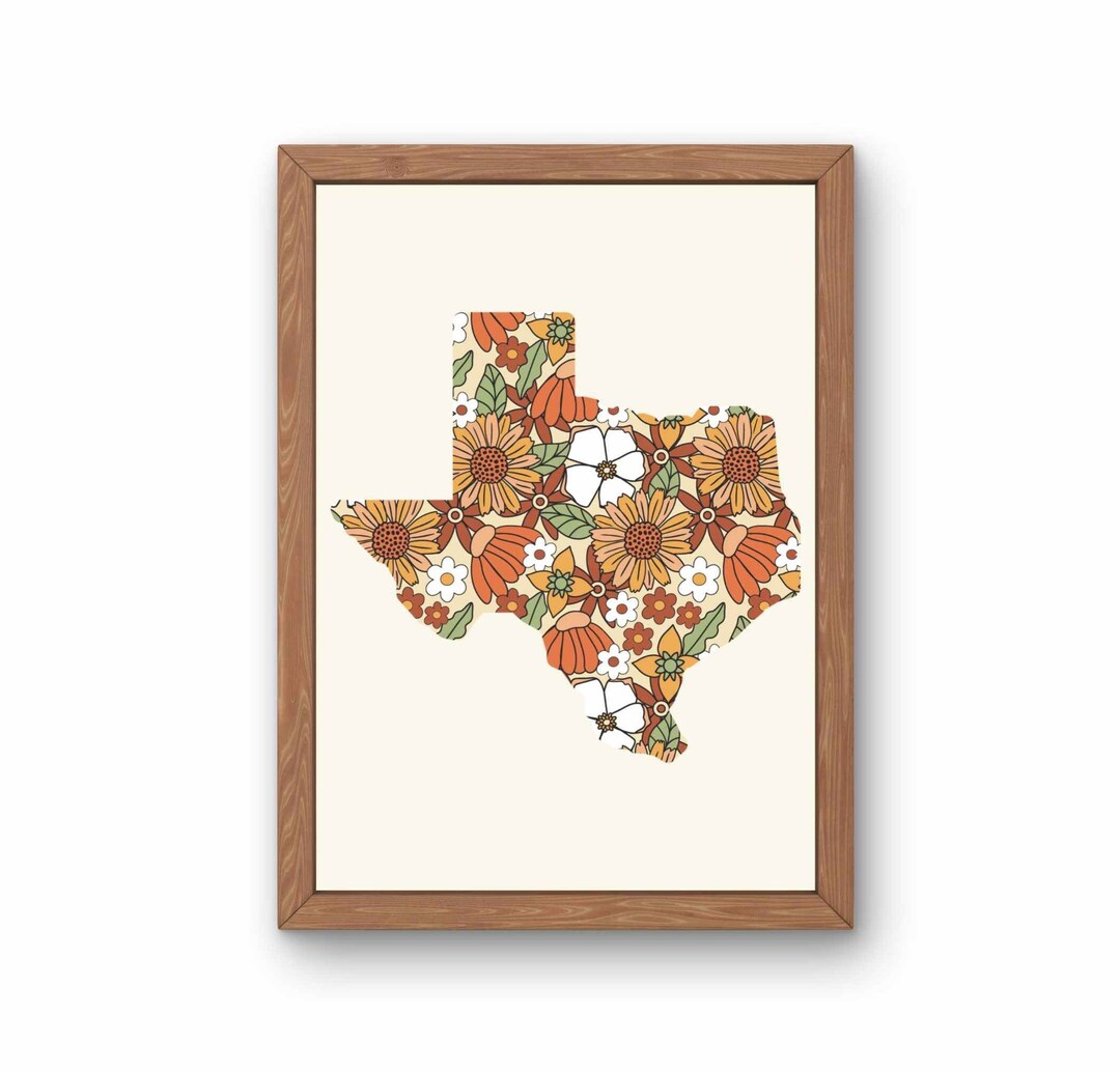 Retro Floral Texas Map Art Print: 70s Western Decor (digital Download ...