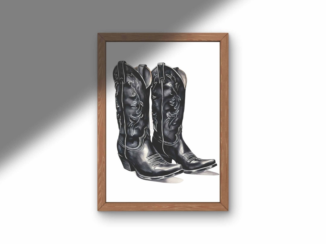 Black Cowboy Boot Art Print, Watercolor Cowboy Boots, Vintage Western ...