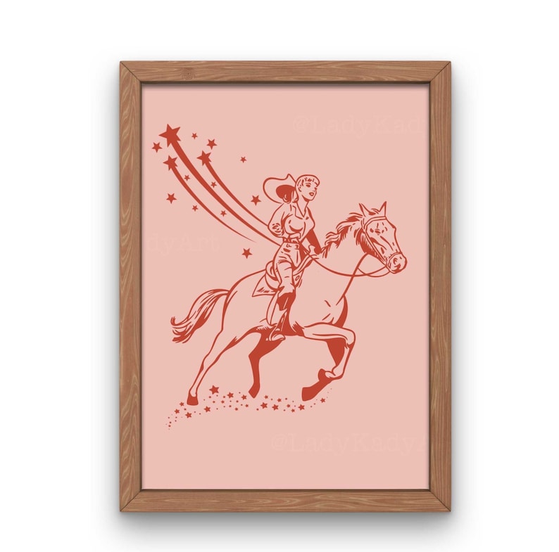 Pink Stars Retro Cowgirl Poster Cowgirl Horse Print - Etsy