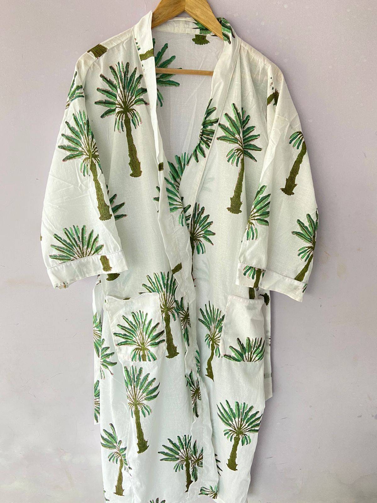 New Indian Palm Tree Print Cotton Kimono, Bath Robe, Japanese Kimono ...
