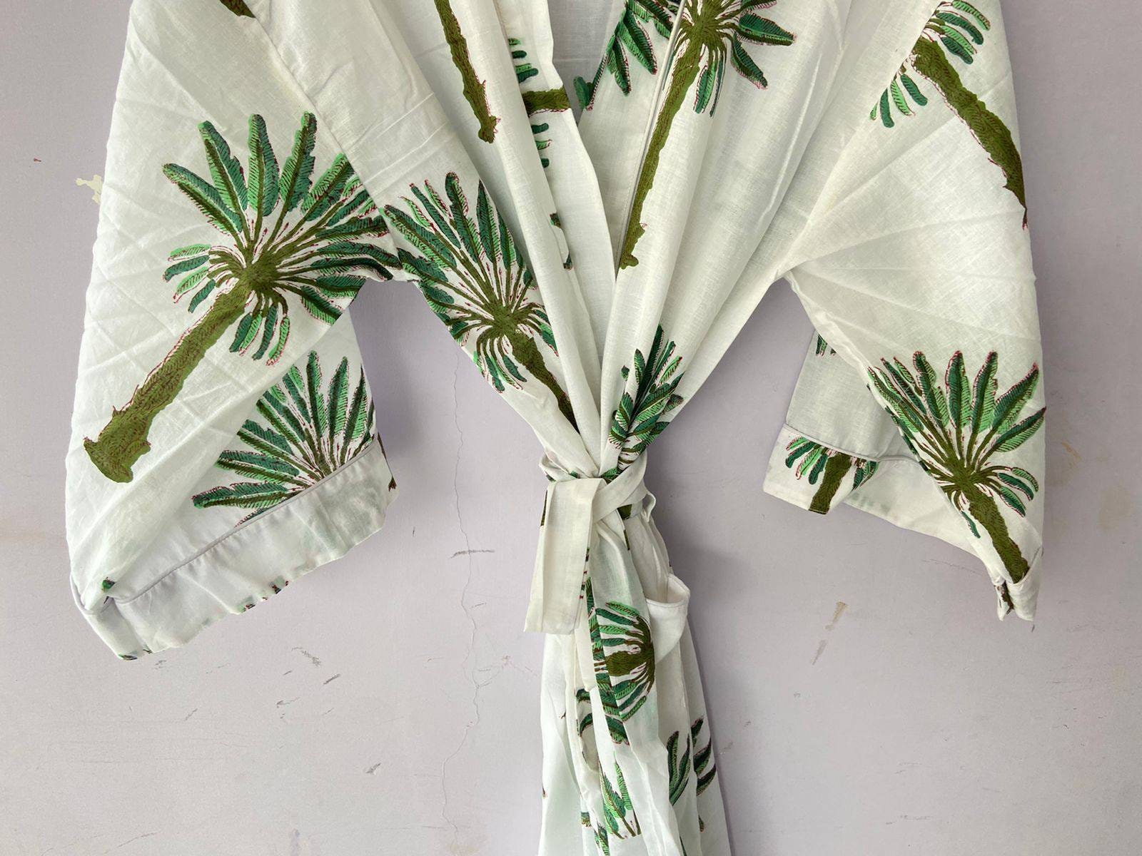 New Indian Palm Tree Print Cotton Kimono, Bath Robe, Japanese Kimono ...