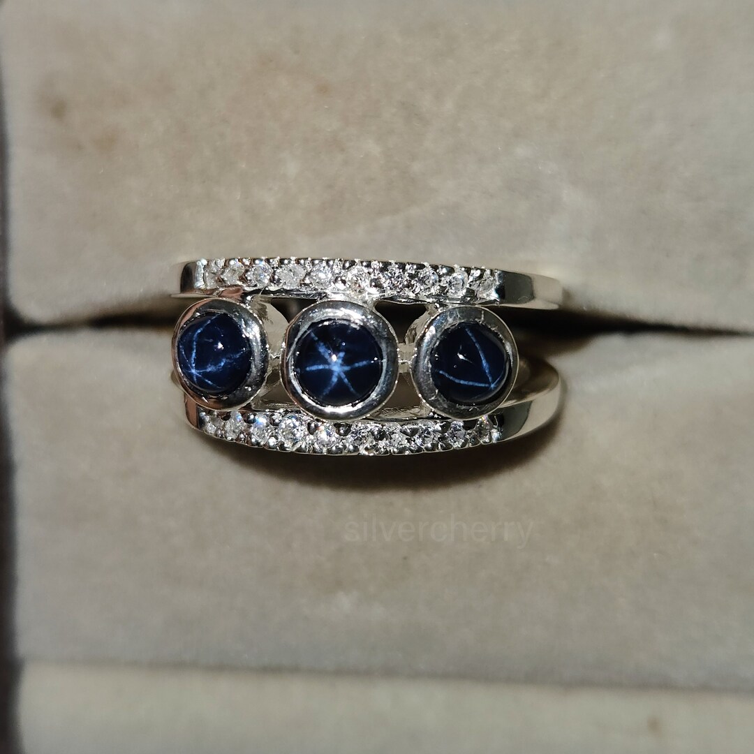 Vintage Star Sapphire Ring 925 Starling Silver Ring Natural Blue Star ...